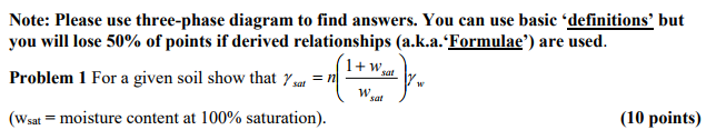 Solved Problem 1 For a given soil show that gamma_sat = n(1 | Chegg.com