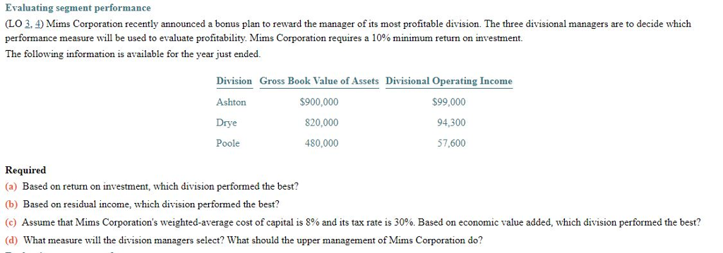 Solved Evaluating segment performance (LO 3, 4) Mims | Chegg.com