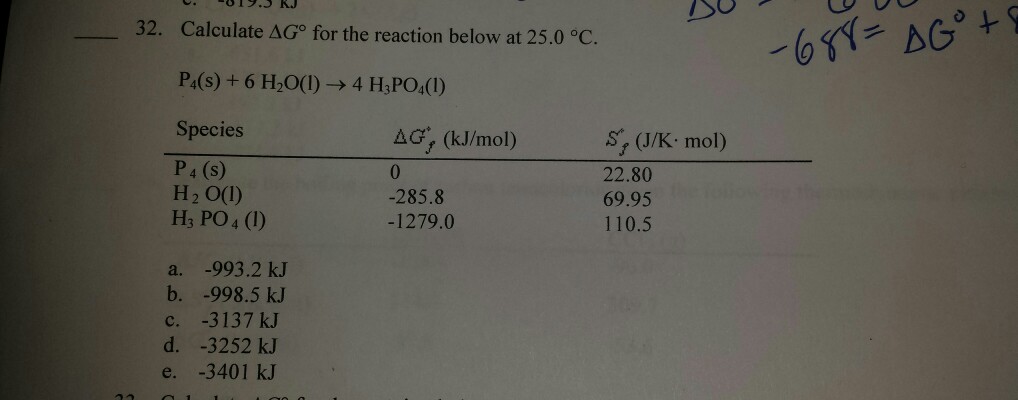 Solved Calculate The Delta G Degree For The Reaction Belo