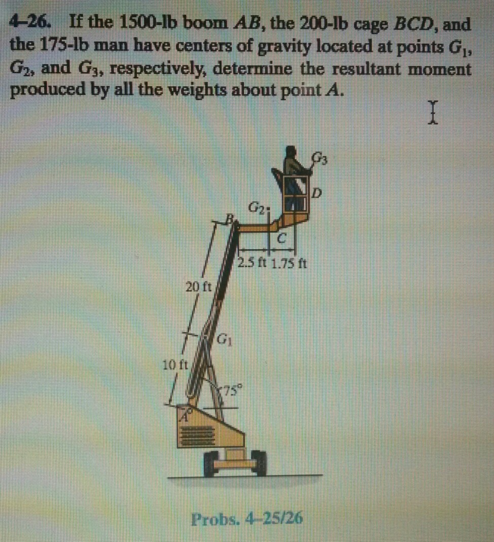 Solved 4-26. If the 1500-lb boom AB, the 200-lb cage BCD, | Chegg.com