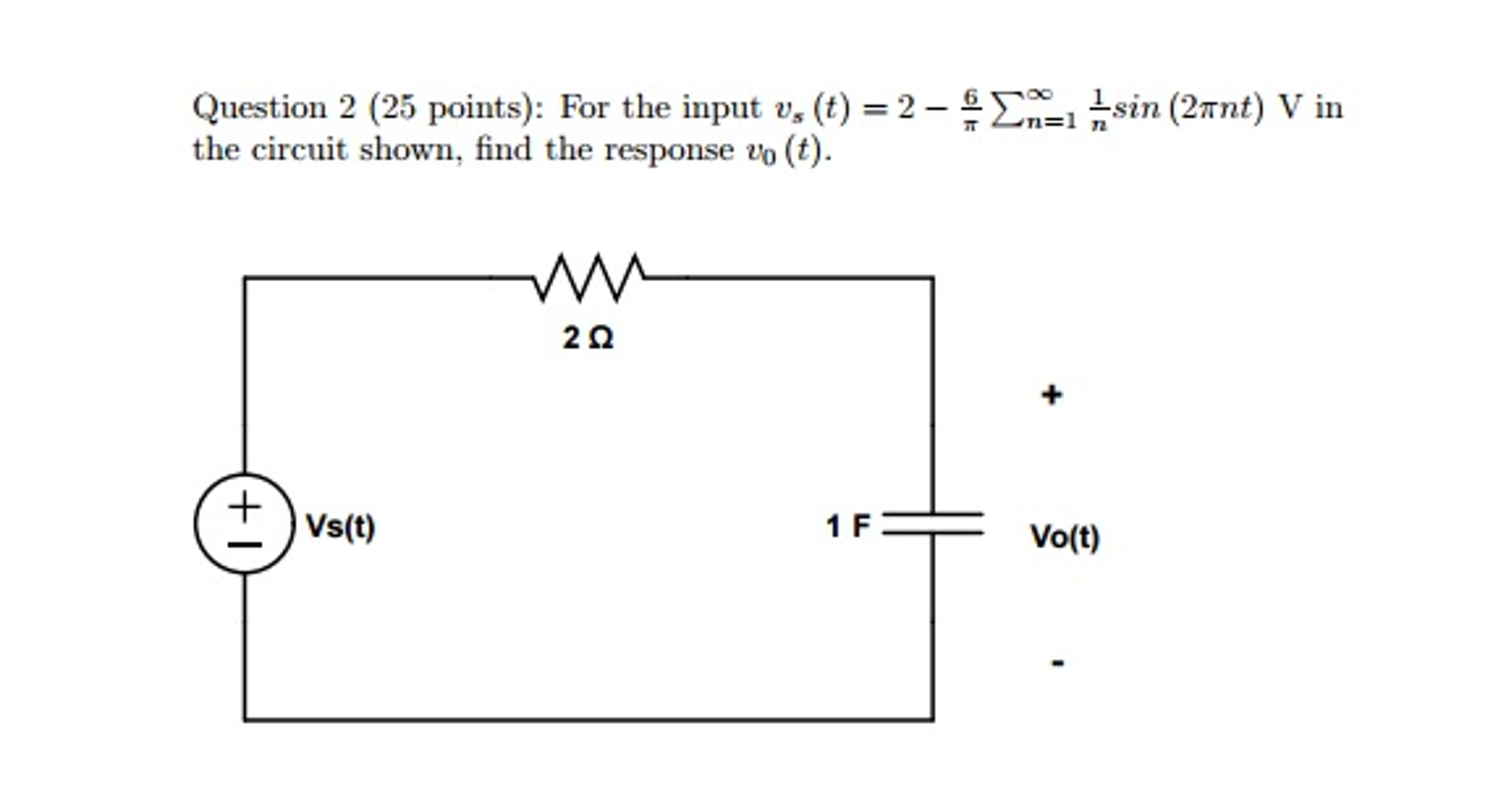 Solved For the input v_s (t) = 2 - 6/pi Sigma^infinity_n = 1 | Chegg.com