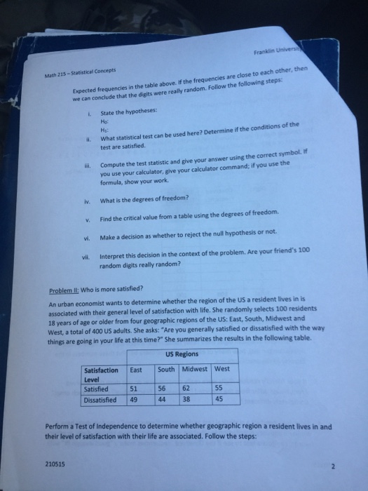Solved Franklin University Mth 215-Statistical Concepts | Chegg.com
