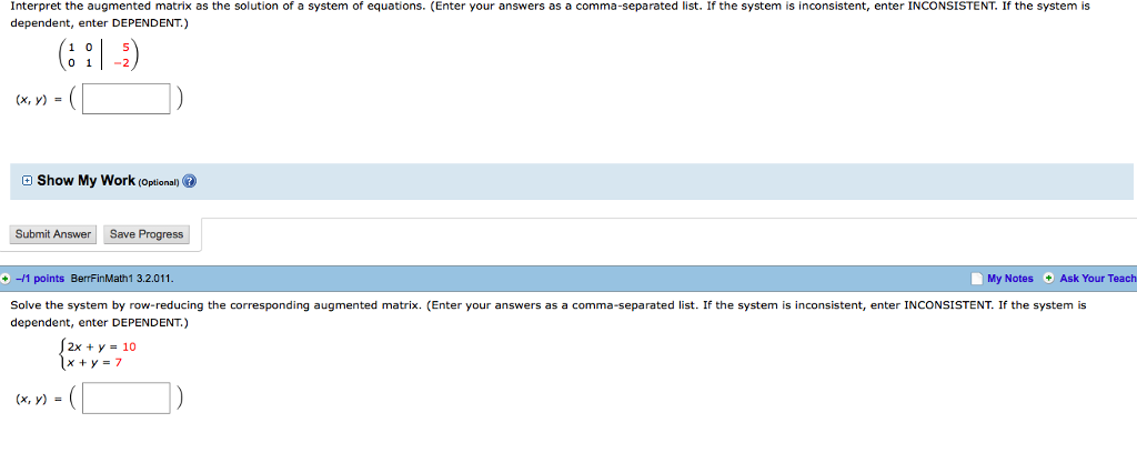 Solved Interpret The Augmented Matrix As The Solution Of A