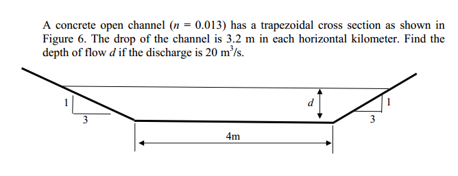 Solved A concrete open channel (n = 0.013) has a trapezoidal | Chegg.com