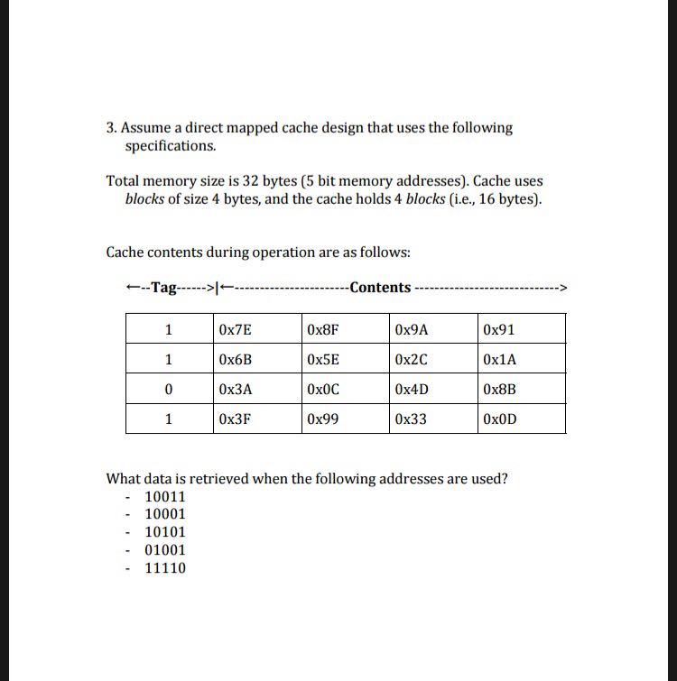 Solved 3. Assume a direct mapped cache design that uses the | Chegg.com