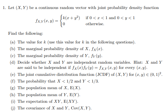 Solved 1. Let (X, Y) be a continuous random vector with | Chegg.com