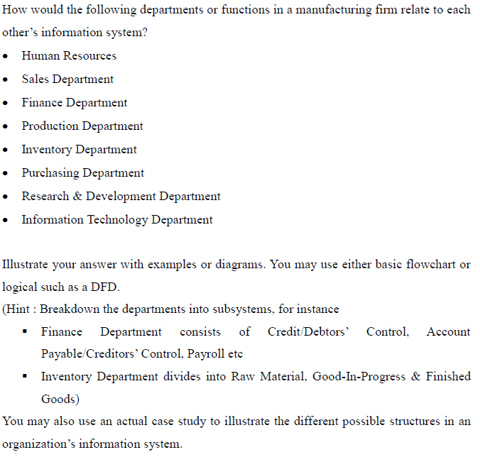 Solved How would the following departments or functions in a | Chegg.com