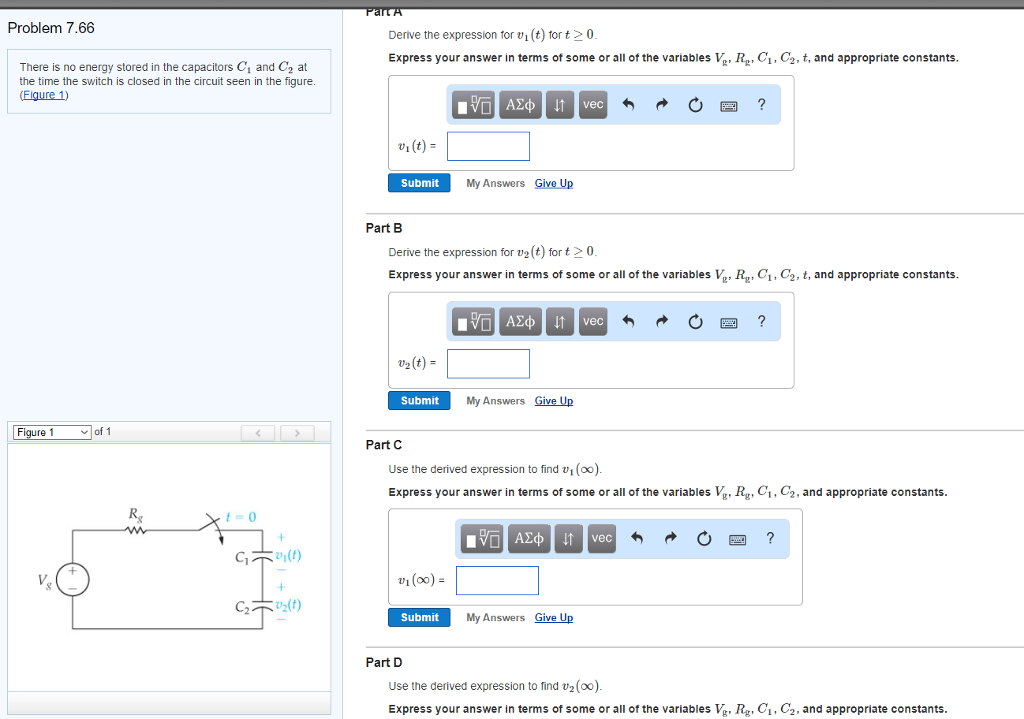 Solved Problem 7.66 Derive the expression tor vi (t) tor t20 | Chegg.com