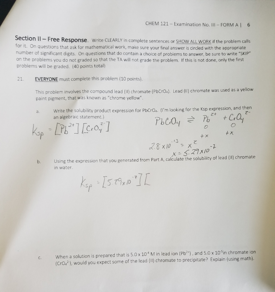 Solved CHEM 121 -Examination No. III - FORMAI 6 Section Il | Chegg.com