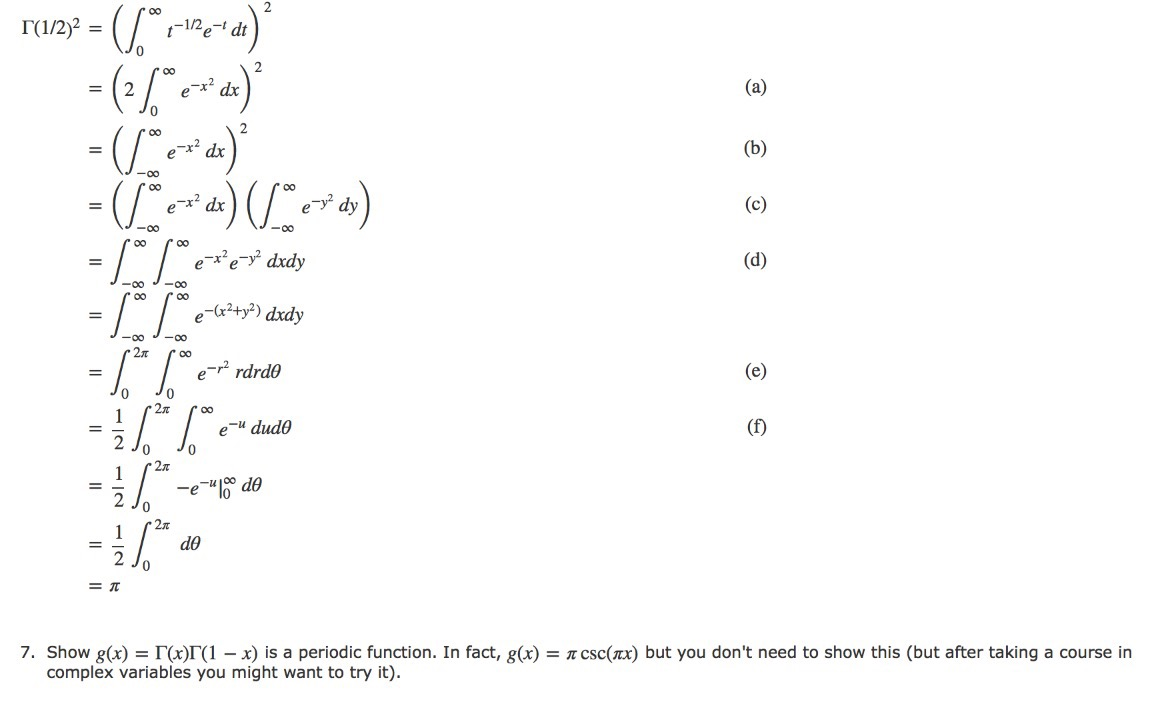 Solved Gamma(1/2)^2 = (integral^infinity_0 t^-1/2 e^-t dt)^2 | Chegg.com