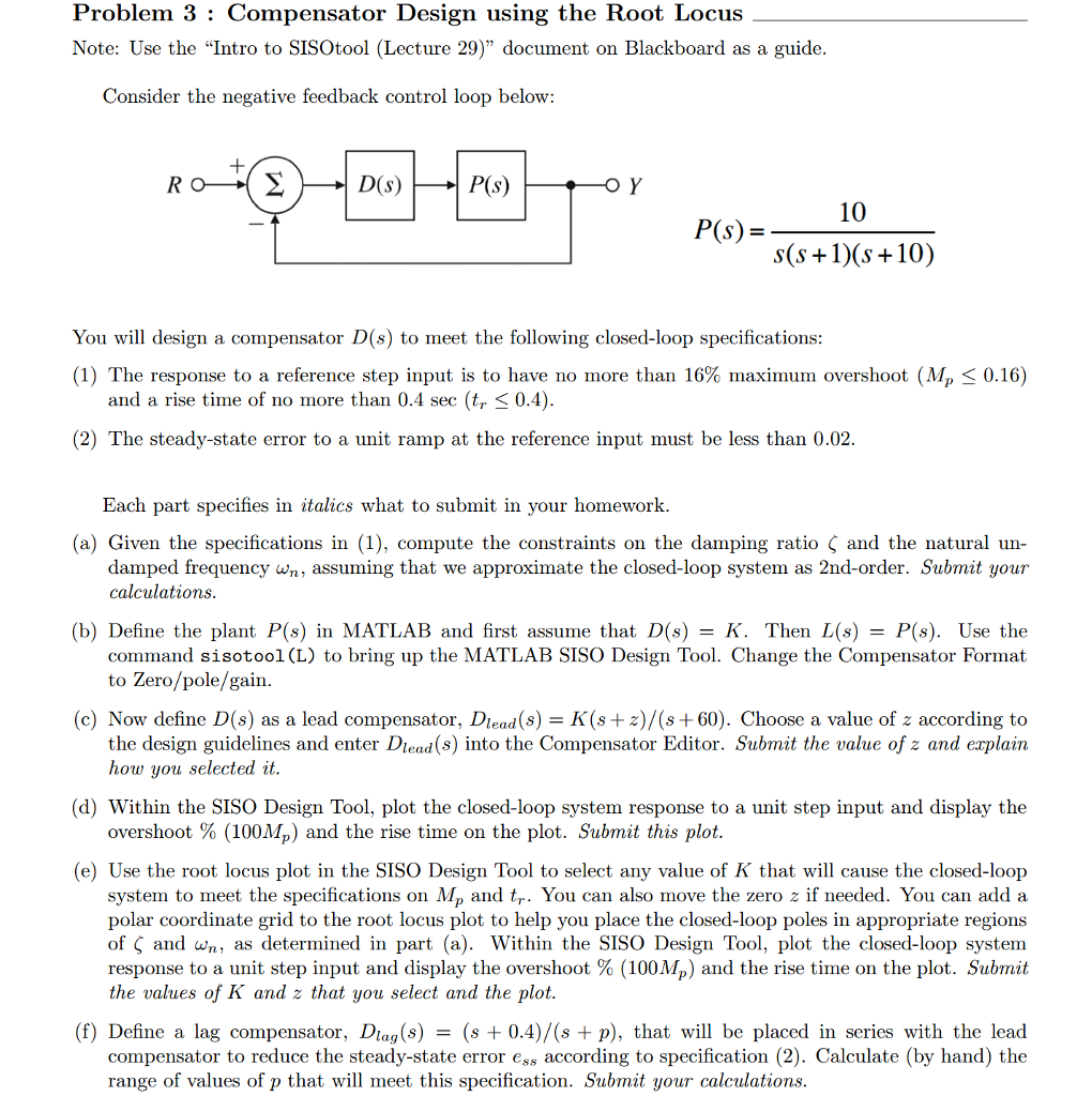 Problem 3 Compensator Design using the Root Locus | Chegg.com