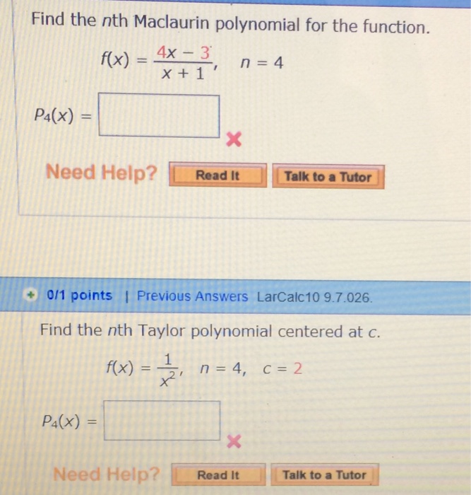 Solved Find the nth Maclaurin polynomial for the function 4x | Chegg.com