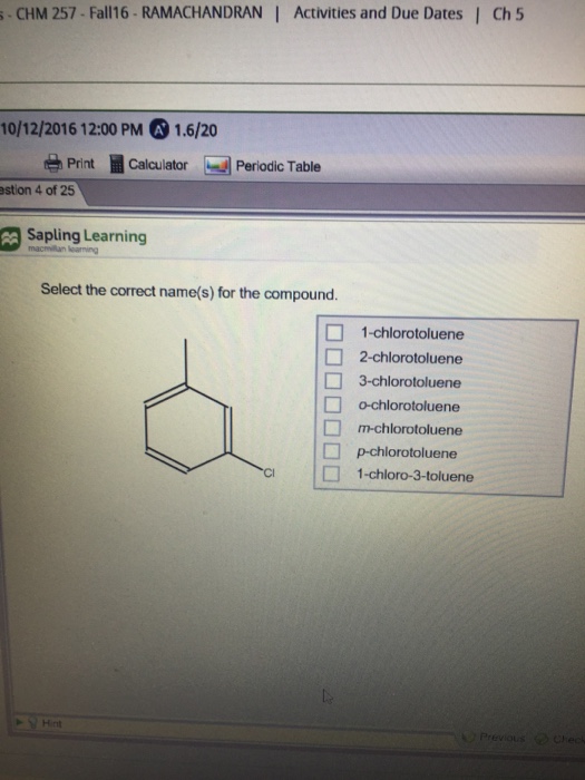 Solved Select The Correct Names For The Following Compound