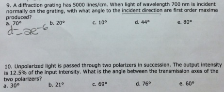 Solved A diffraction grating has 5000 lines/cm. When light | Chegg.com