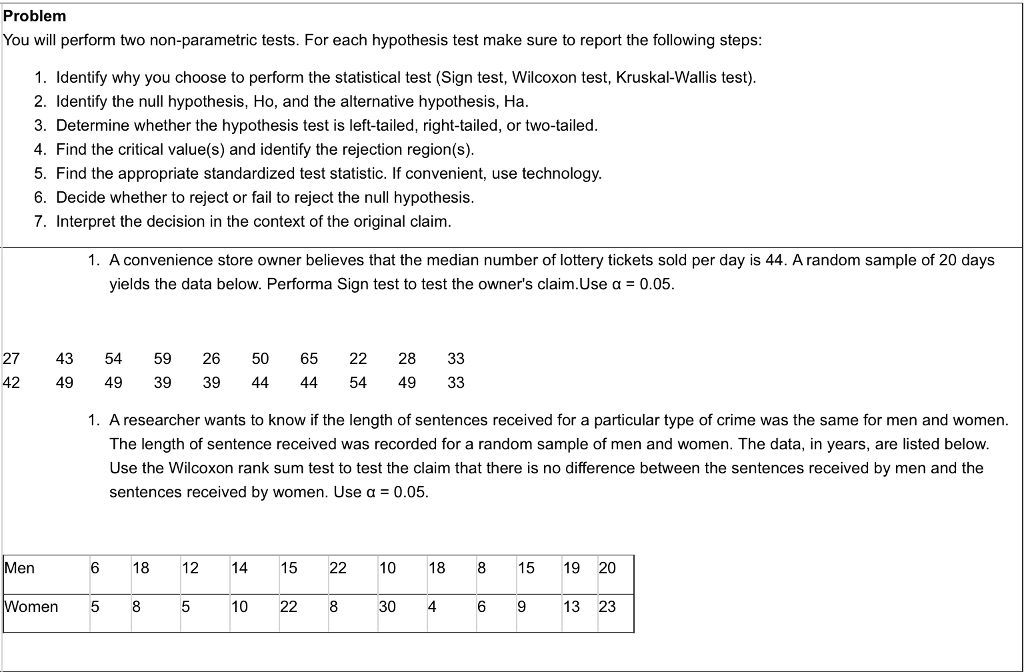 Solved You Will Perform Two Non Parametric Tests For Each