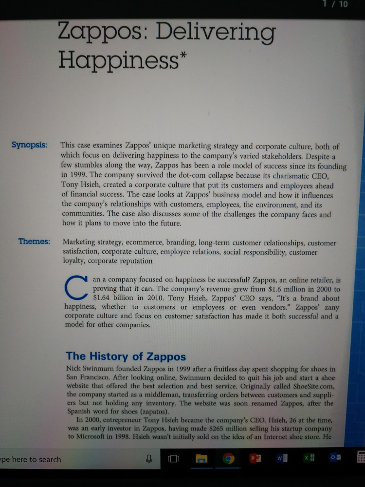 Solved 1/ 10 Zappos: Delivering Happiness This case examines | Chegg.com
