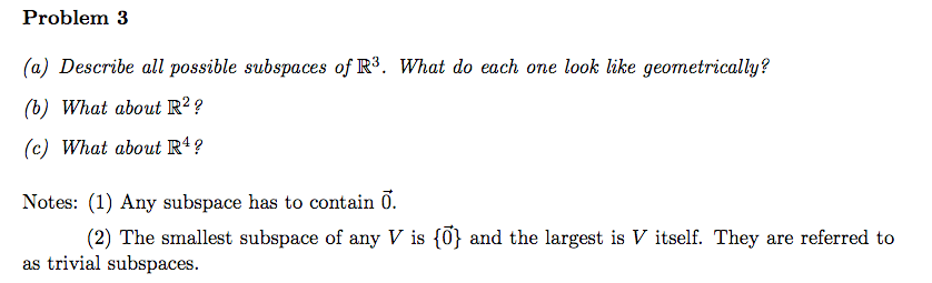 Solved Describe all possible subspaces of R3. What do each | Chegg.com