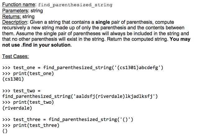 Solved Function name: find_parenthesized_string Parameters: | Chegg.com