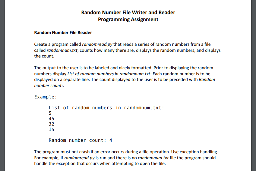 Solved Random Number File Writer And Reader Programming Assignment