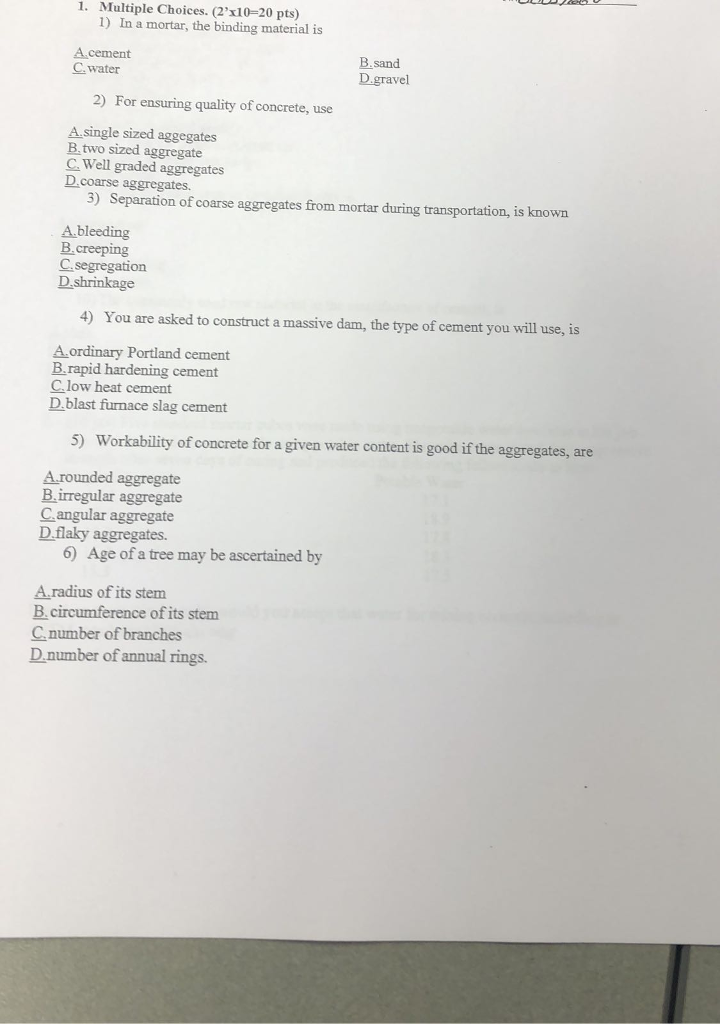 Solved 1. Multiple Choices. (2'x10-20 pts) 1) In a mortar, | Chegg.com