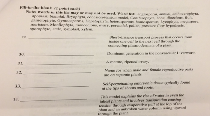 Solved Fill-in-the-blank (I point each) Note: words in this | Chegg.com