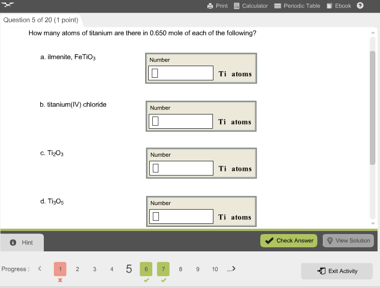 Solved How many atoms of titanium are there in 0.650 mole of | Chegg.com Solved How many atoms of titanium are there in 0.650 mole of | Chegg.com