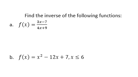 Solved Find the inverse of the following functions: | Chegg.com