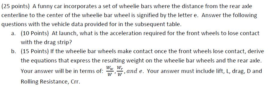 Solved (25 points) A funny car incorporates a set of wheelie | Chegg.com