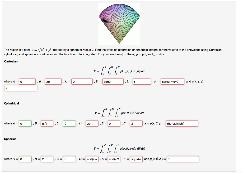 Solved The region is a cone, z- Vx2 +y2, topped by a sphere | Chegg.com