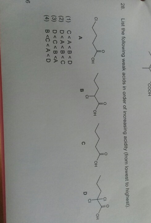 Solved COÖH 28. List the following weak acids in order of | Chegg.com