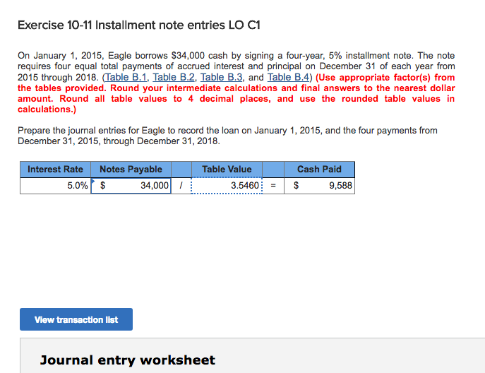 Solved Exercise 10-11 Installment note entries LO C1 On | Chegg.com