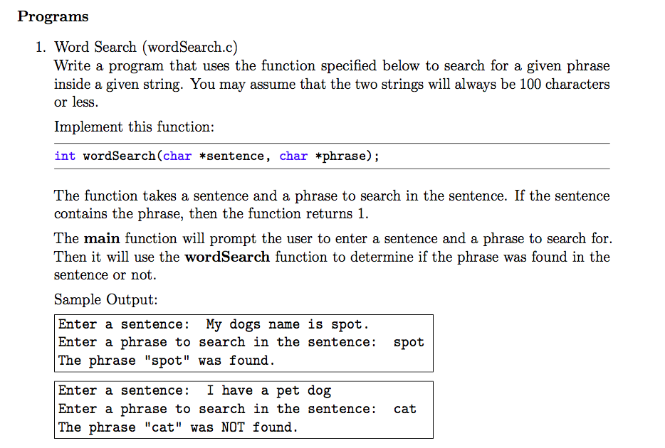 Solved Programs 1. Word Search (wordSearch.c) Write a | Chegg.com