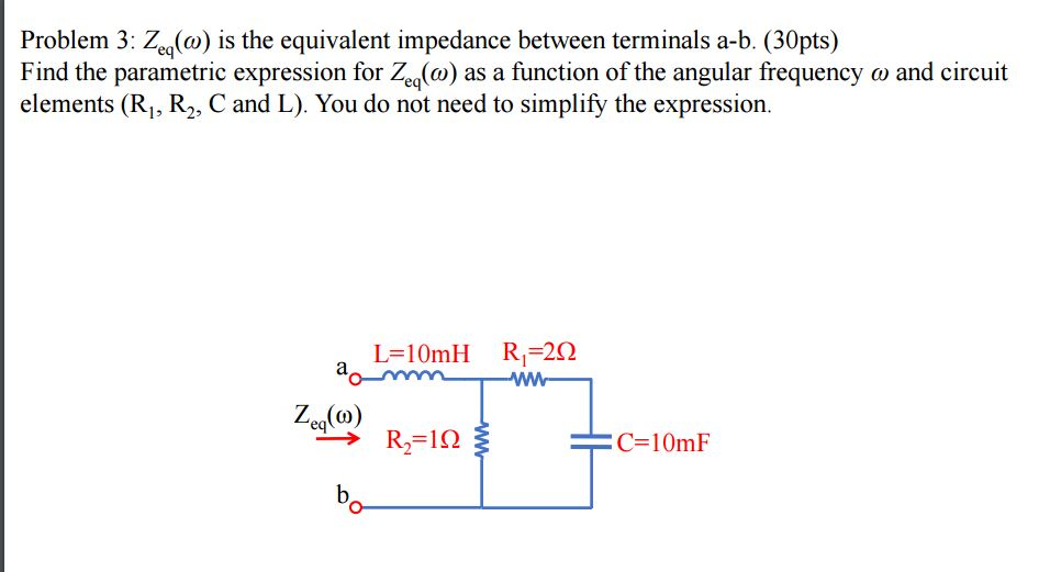 Solved Problem 3: Zeq(ω) is the equivalent impedance between | Chegg.com