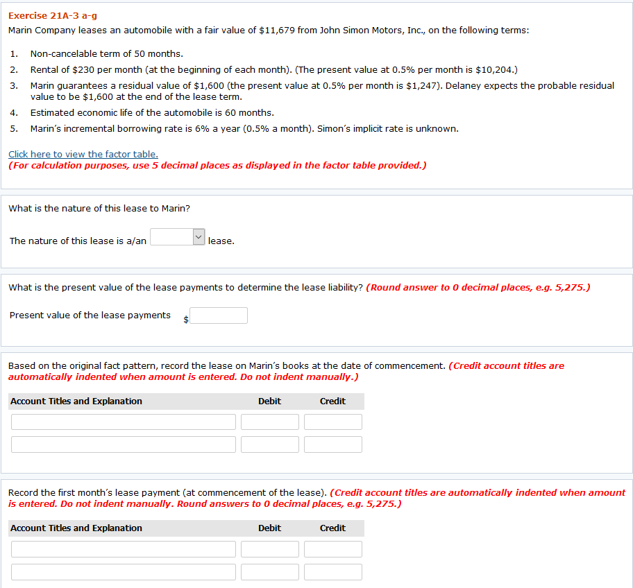 Solved Exercise 21A-3 a-g Marin Company leases an automobile | Chegg.com