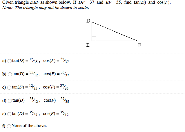 Solved Given triangle DEF as shown below. If DF = 37 and EF | Chegg.com