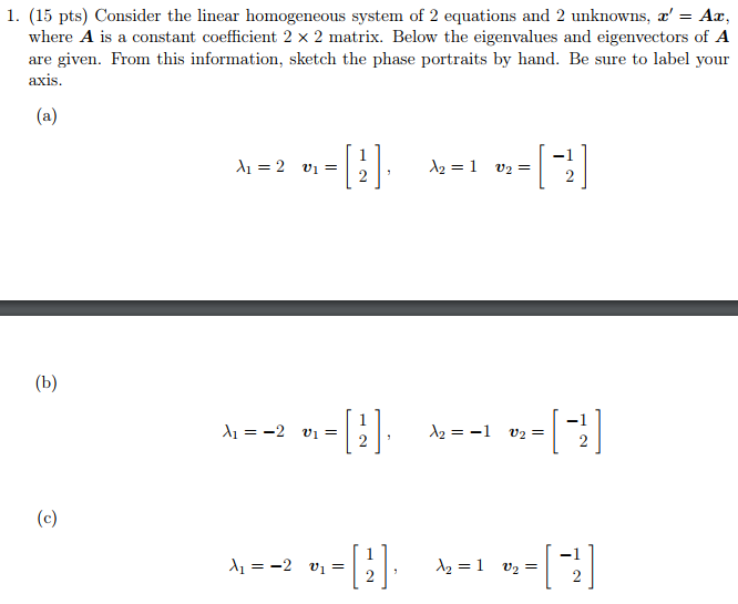 Solved 1. (15 pts) Consider the linear homogeneous system of | Chegg.com