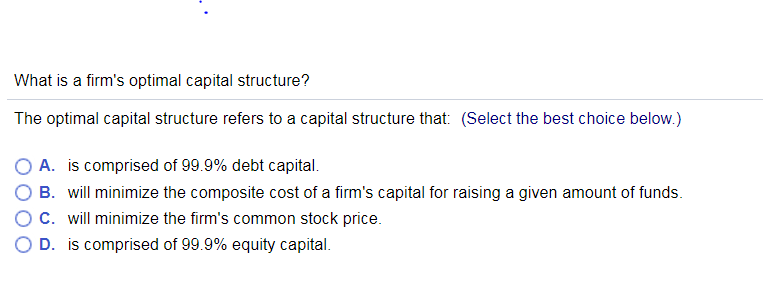 Solved What is a firm's optimal capital structure? The | Chegg.com