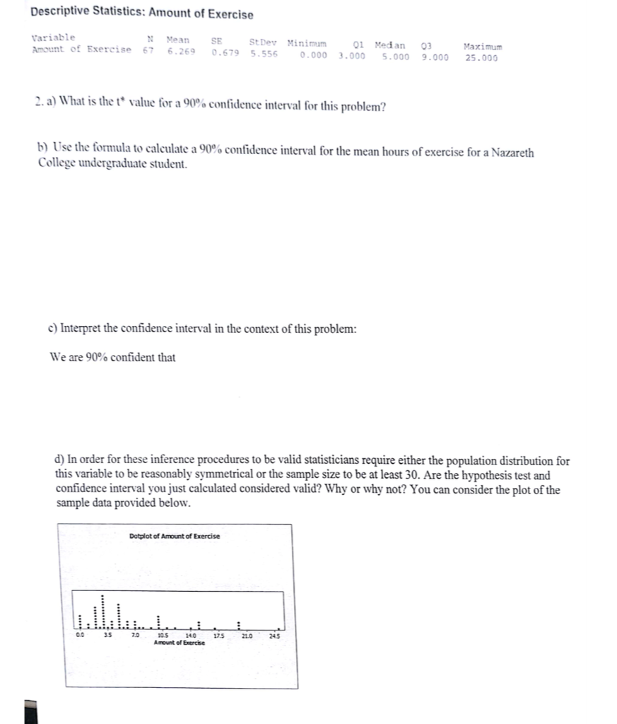 Solved Descriptive Statistics: Amount of Exercise Variable | Chegg.com