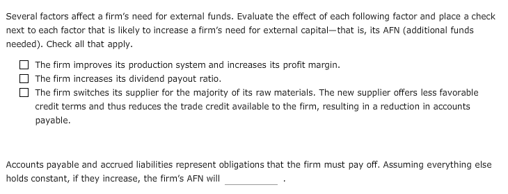 Solved Several factors affect a firm's need for external | Chegg.com Solved Several factors affect a firm's need for external | Chegg.com
