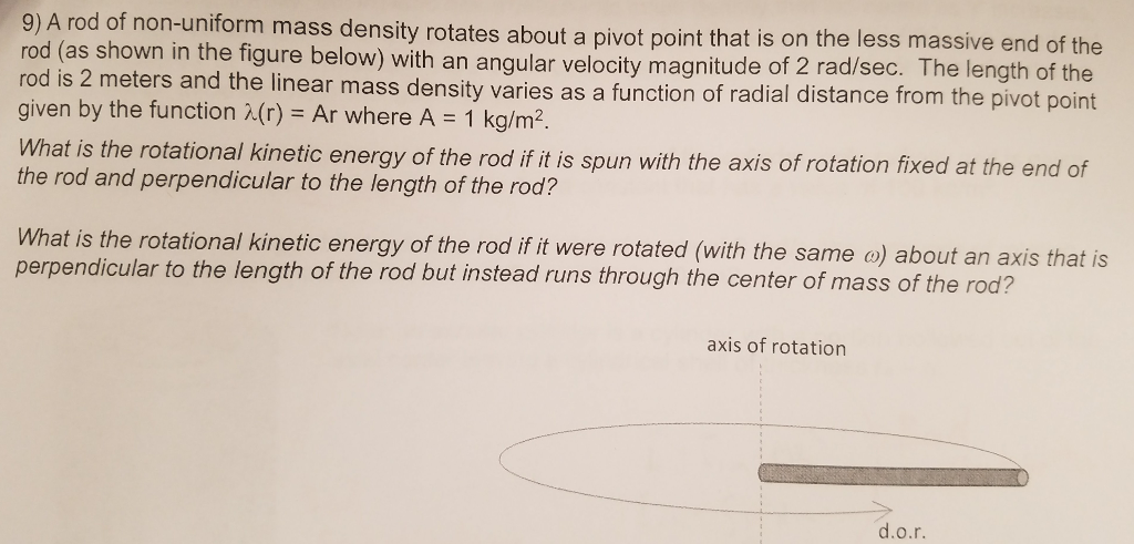 Solved 9) A rod of non-uniform mass density rotates about a | Chegg.com