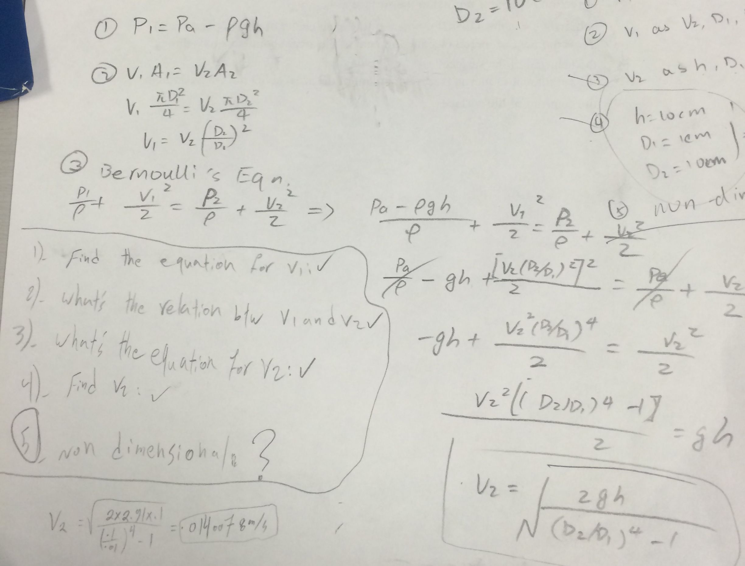 (V2 = 2gh/((D2/D1)4 - 1)) Find the equation for | Chegg.com