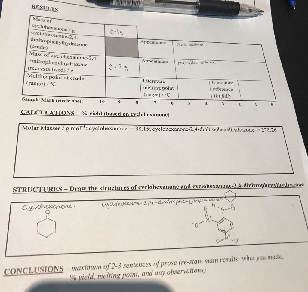 Solved ESULTS Mass of cyclohexanone /g cyclohexanone-2,4- | Chegg.com