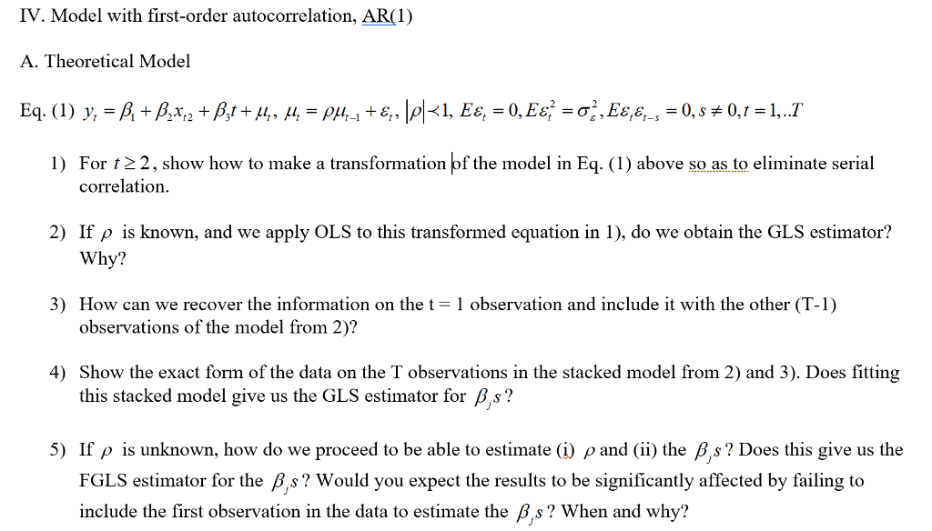 IV. Model with first-order autocorrelation, AR(I) A. | Chegg.com