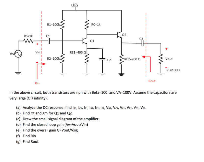 Solved +10V R1-100k RC-1k RS-1k C1 02 01 Vin l RE 1:495 ? Vs | Chegg.com