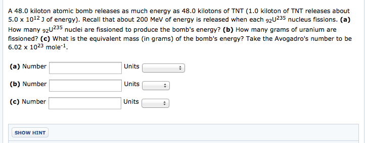 Solved A 48.0 kiloton atomic bomb releases as much energy as | Chegg.com