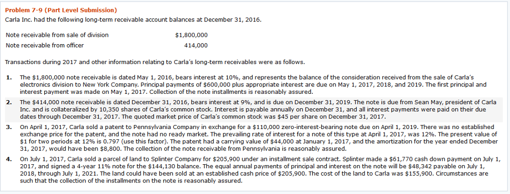 Solved Problem 7-9 (Part Level Submission) Carla Inc. had | Chegg.com