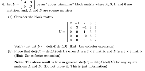 Solved Let U=[A B O D] be an "upper triangular" block | Chegg.com