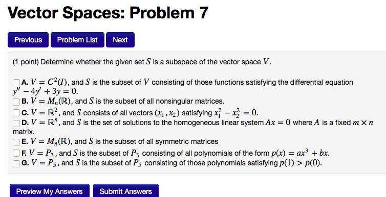 Solved Vector Spaces Problem 7 Previous Problem List Next 1