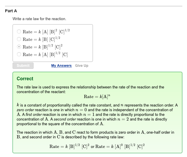 Solved Part A Write a rate law for the reaction 1/2 Rate 1/2 | Chegg.com