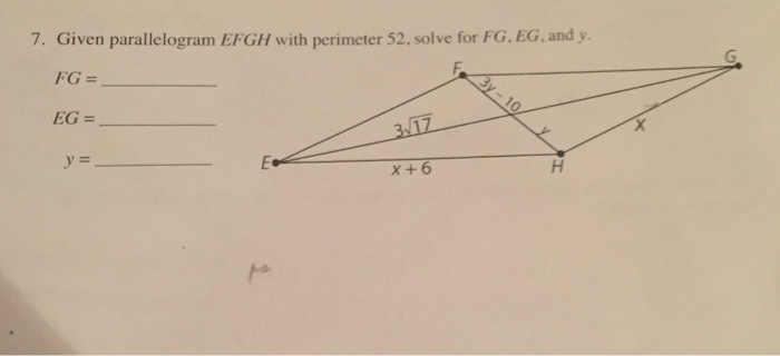 Solved Given parallelogram EFGH with perimeter 52. Solve for | Chegg.com